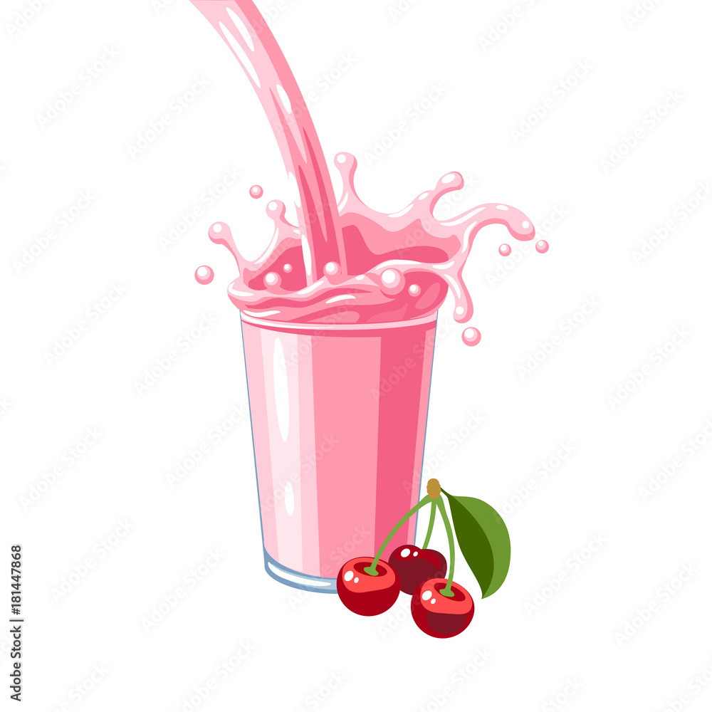 Colorful fruit milkshake design. Pink milky flow and splash in full ...