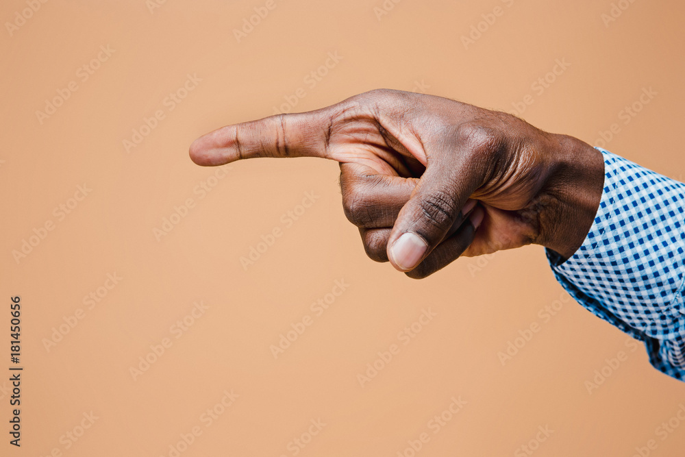 Black male hand point finger. Hand gestures - man pointing on virtual ...