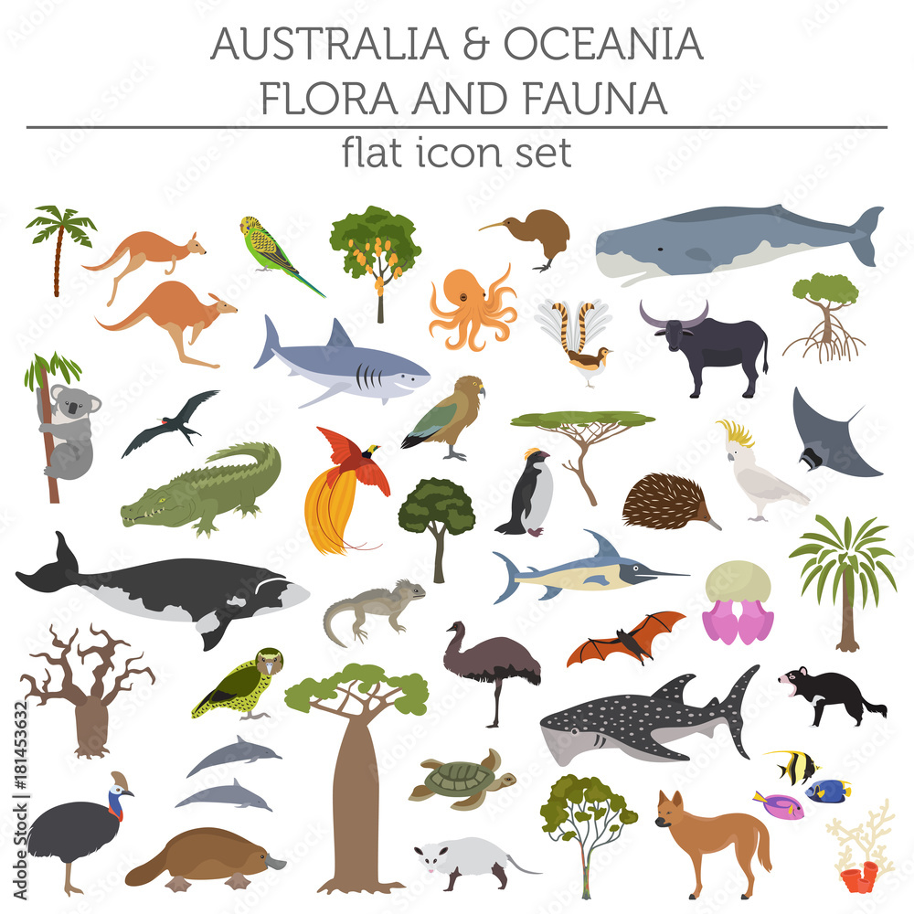 Australia and Oceania flora and fauna map, flat elements. Animals ...