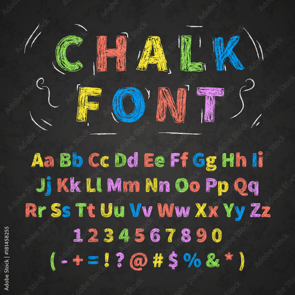Colorful retro hand drawn alphabet letters drawing with chalk on black ...