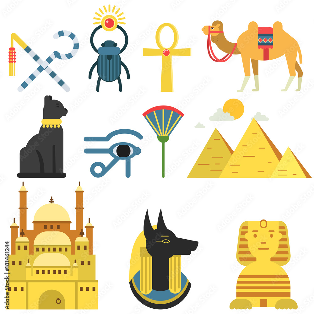 Egypt collection set with traditional symbols of country, signs of ...