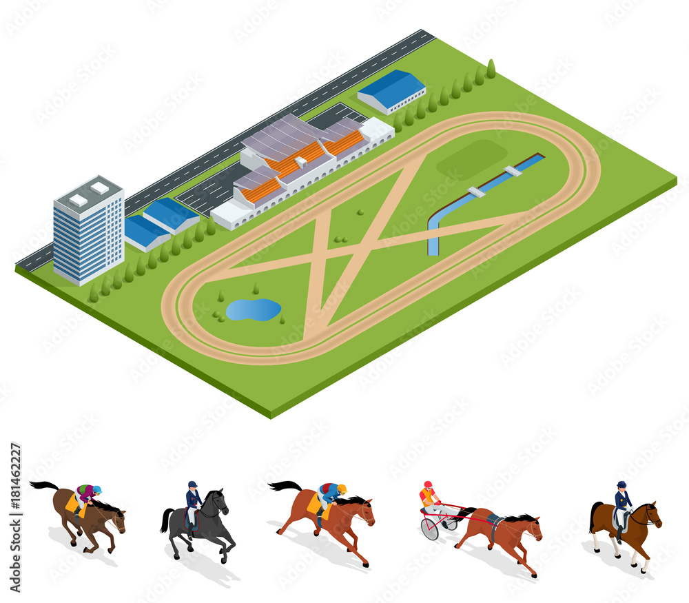 Isometric Exterior Racecourse and set Jockey on horse, Champion, Horse ...