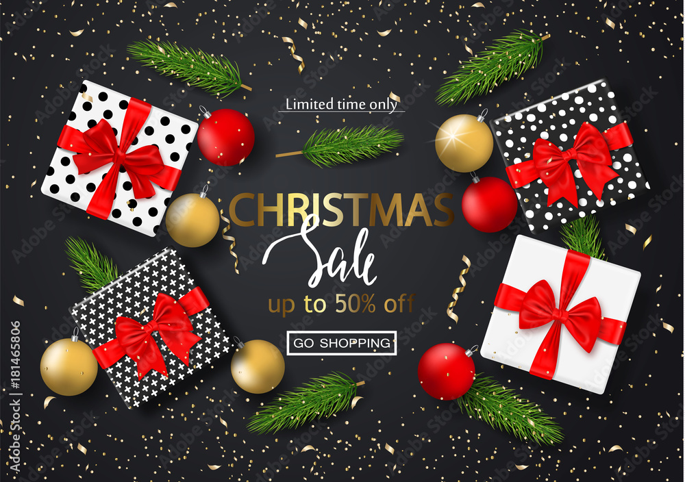 Christmas sale poster with gift boxes, serpentine, balls and tree ...