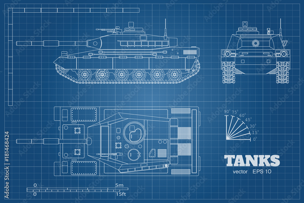 Blueprint of realistic tank. Top, front and side view. Detailed armored ...