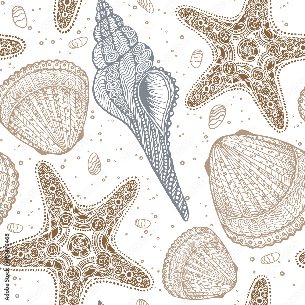 Marine vector hand drawn pattern with sea shells and stars. Highly ...