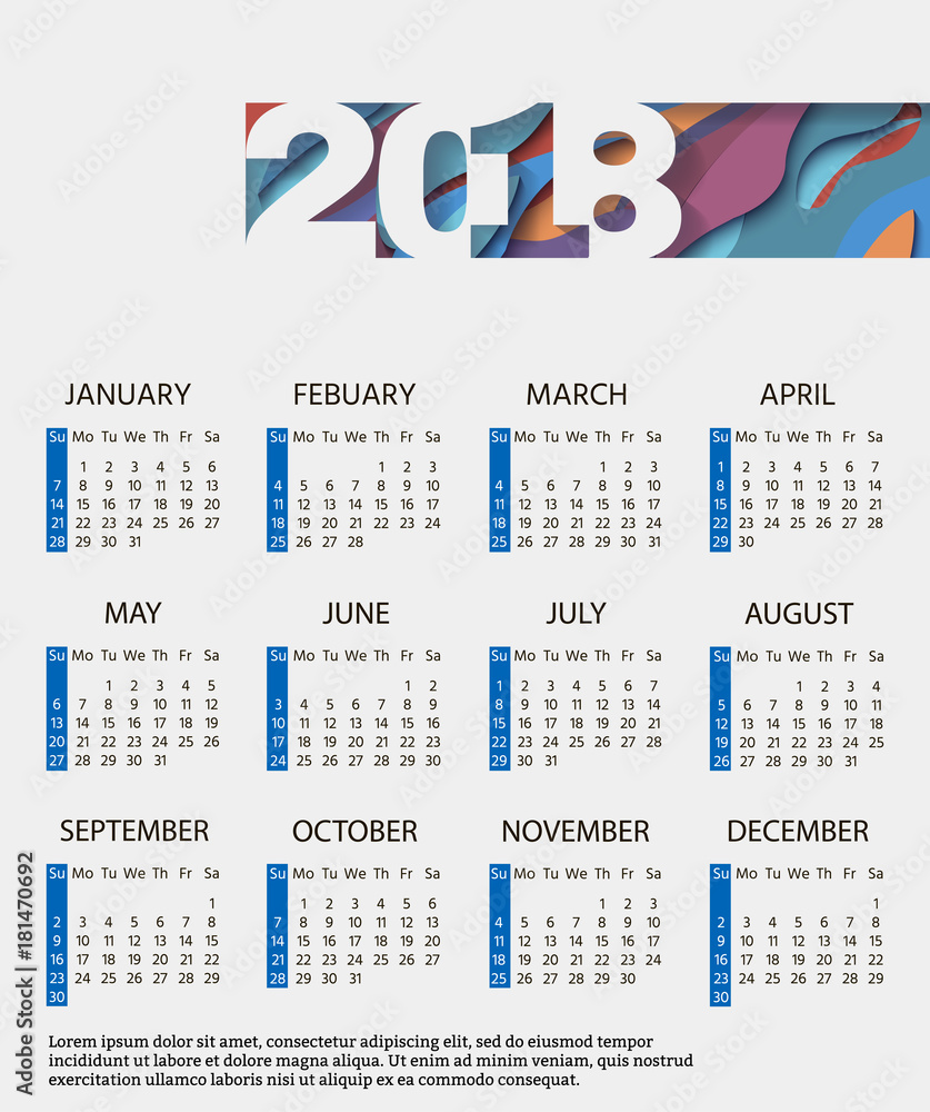 Monthly calendar 2018 with an abstract design.. Winter, spring, summer ...