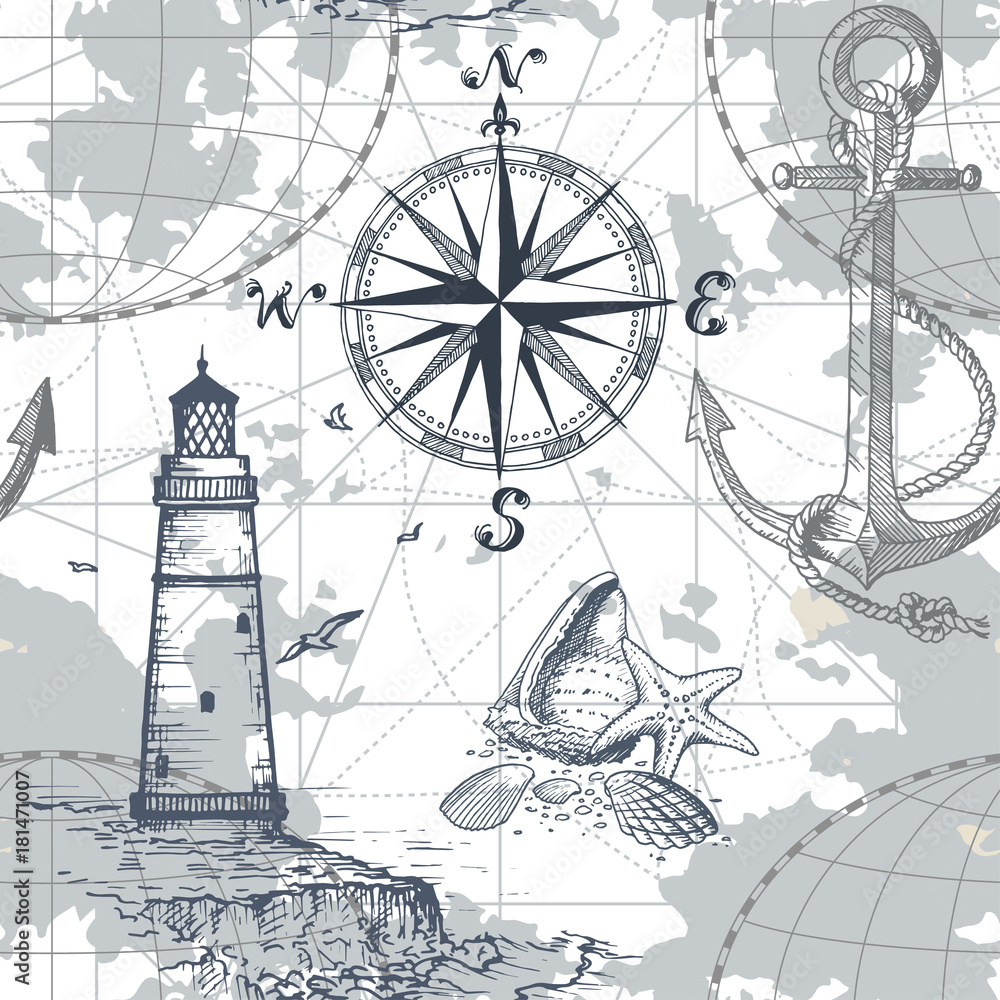 Hand drawn vector seamless sea map with compass, lighthouse, anchor and ...