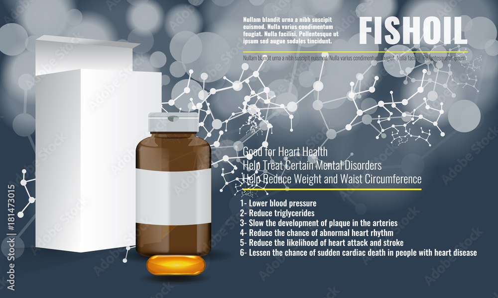 Cute Fish oil ads layout design template with chemical background ...