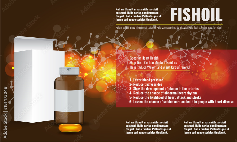 Cute Fish oil ads layout design template with chemical background ...