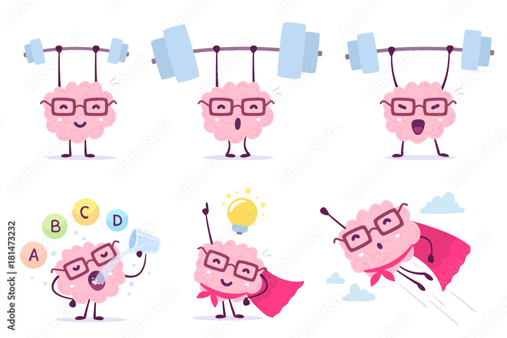 Very strong, healthy and smart cartoon brain concept. Vector set of ...