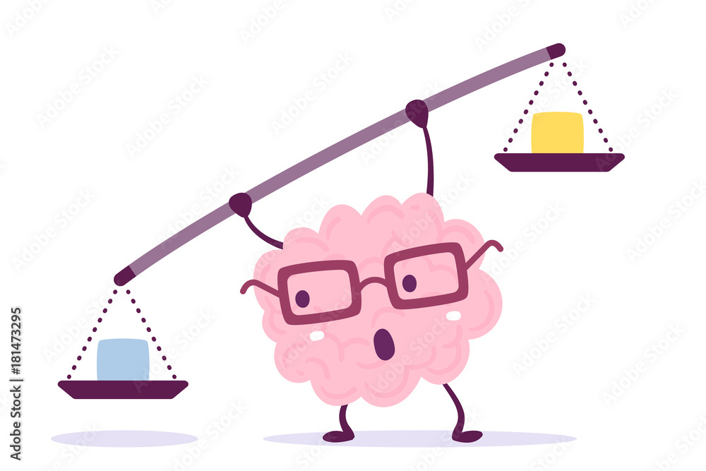 Vector illustration of pink color human brain with glasses holding a ...