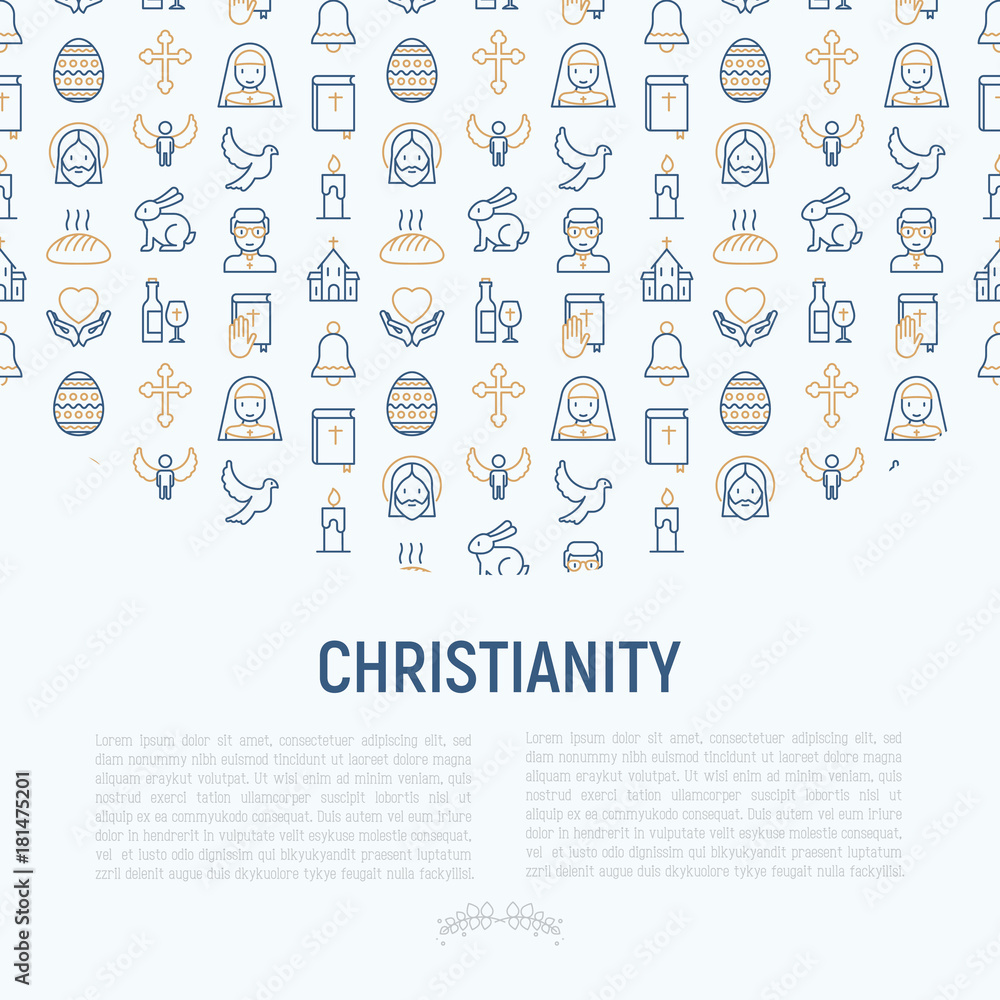 Christianity concept with thin line icons of priest, church, nun ...