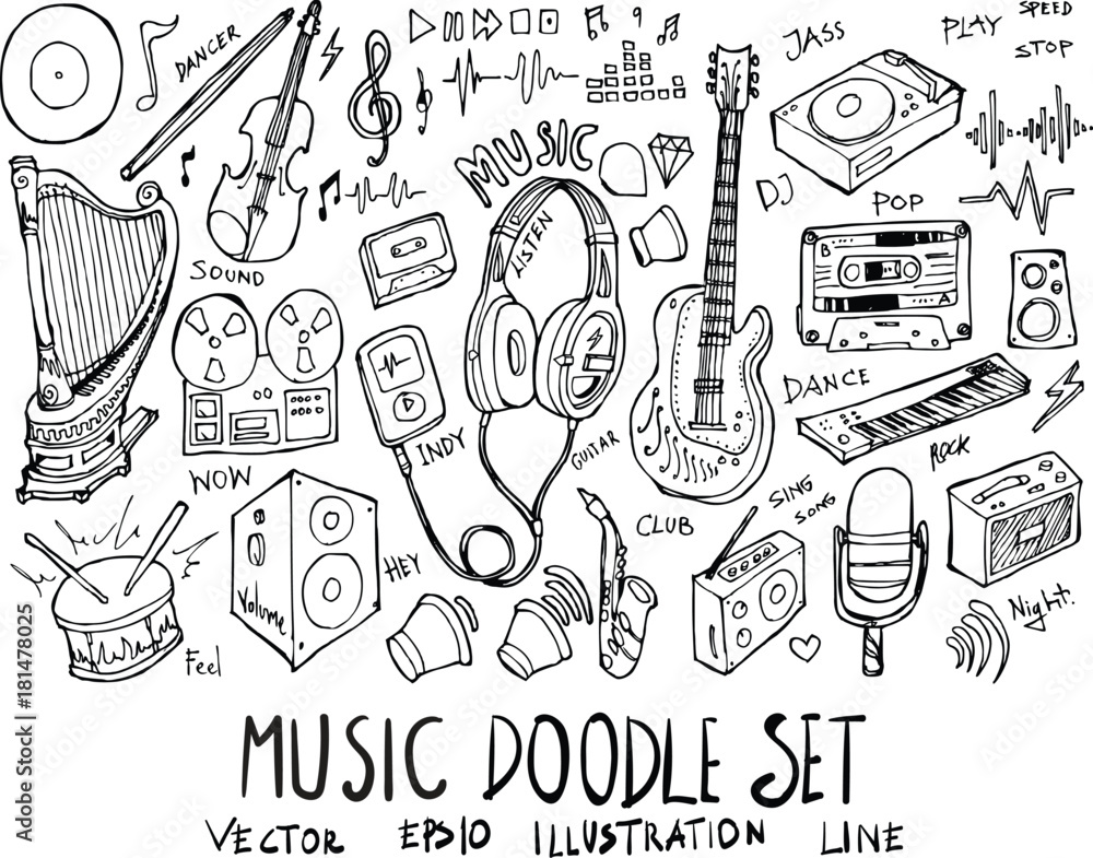 Set of Music illustration Hand drawn doodle Sketch line vector eps10 ...