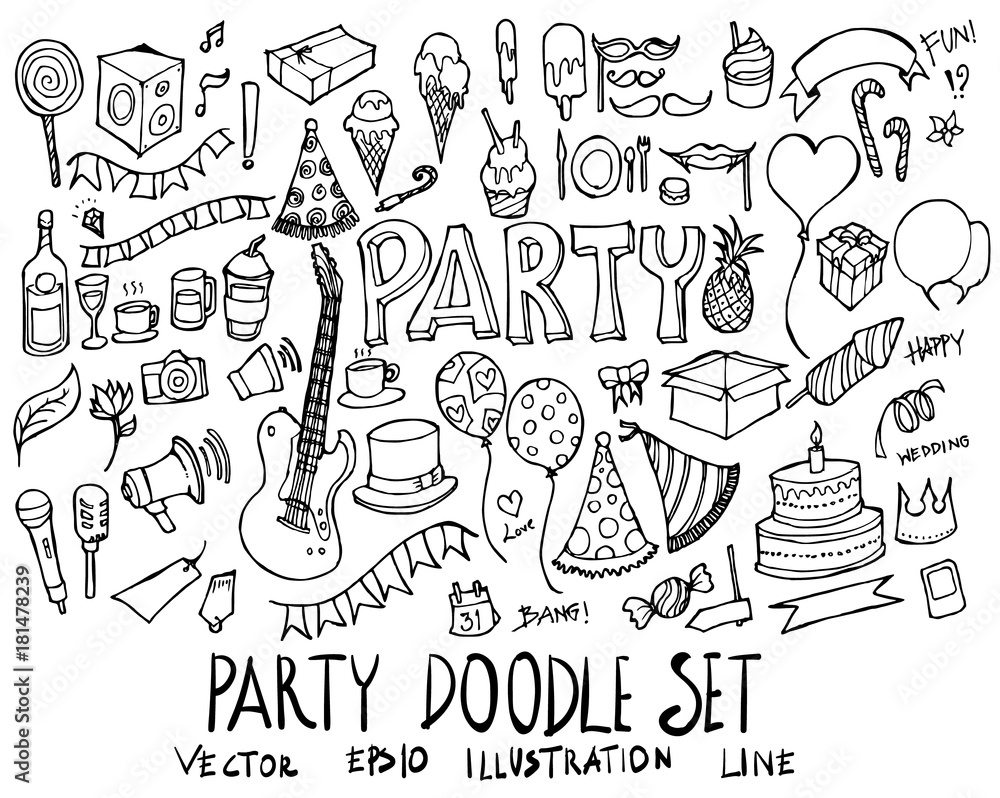 Set of Party illustration Hand drawn doodle Sketch line vector eps10 ...