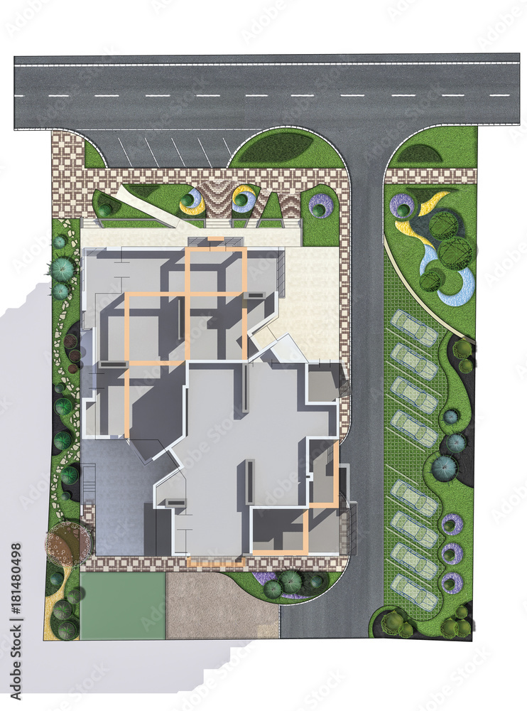 Tenement building site development plan, 3D rendering Stock ...