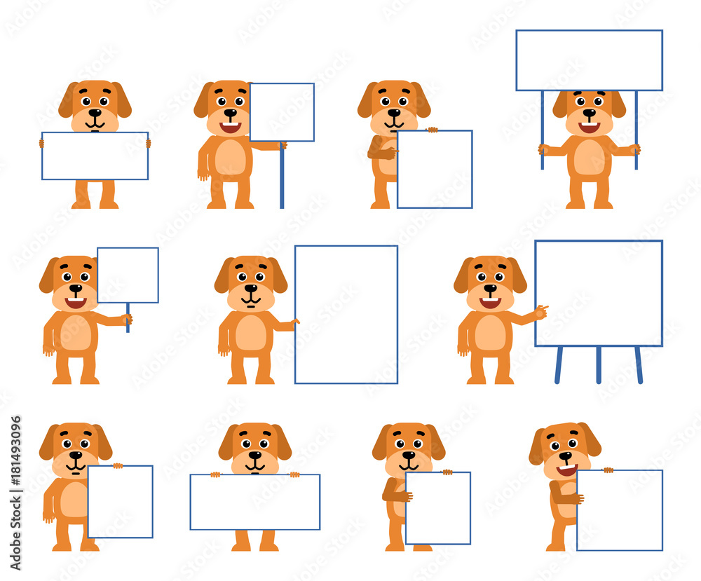 Set of funny yellow dog characters posing with different blank ...
