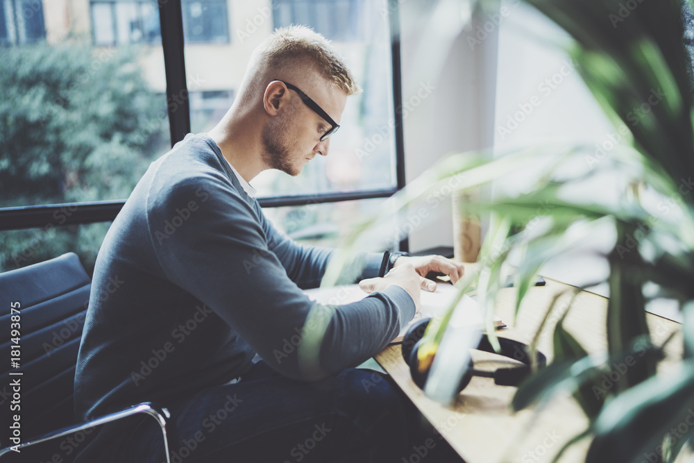 Skilled designer caucasian man drawing abstract sketch with pen.Art ...