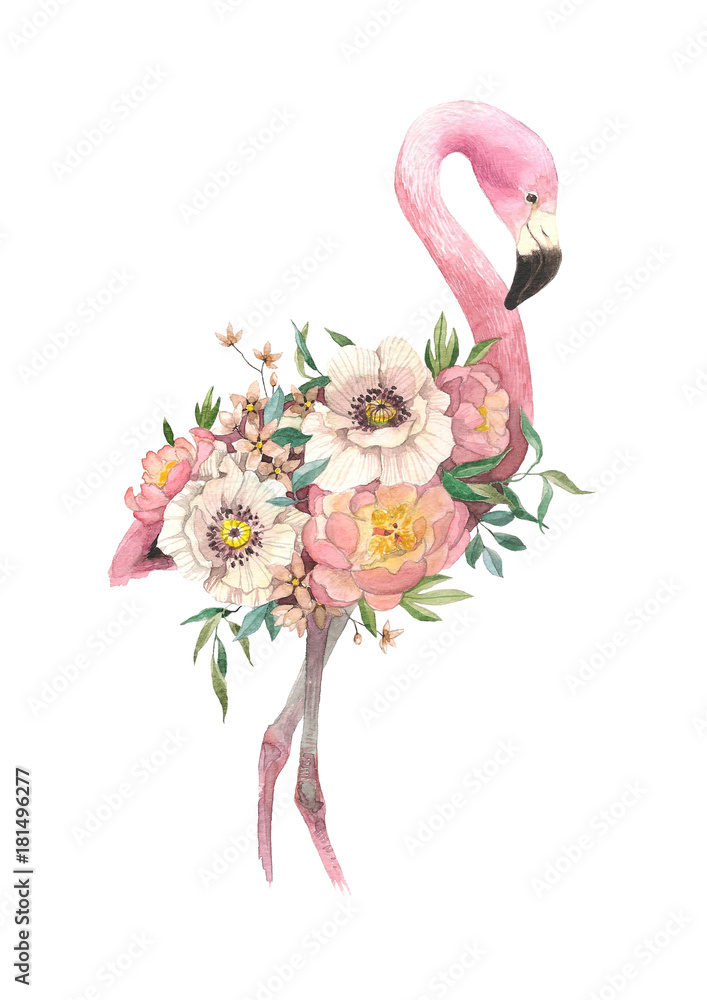 exotic bright bird Flamingo with blooming flowers. Isolated decorative ...