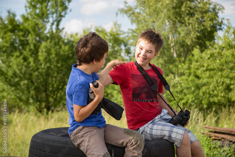Boys, brothers prod each other. Happy kids, having fun, playing ...