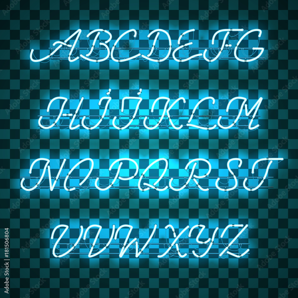 Glowing Blue Neon Script Font with uppercase letters from A to Z with ...