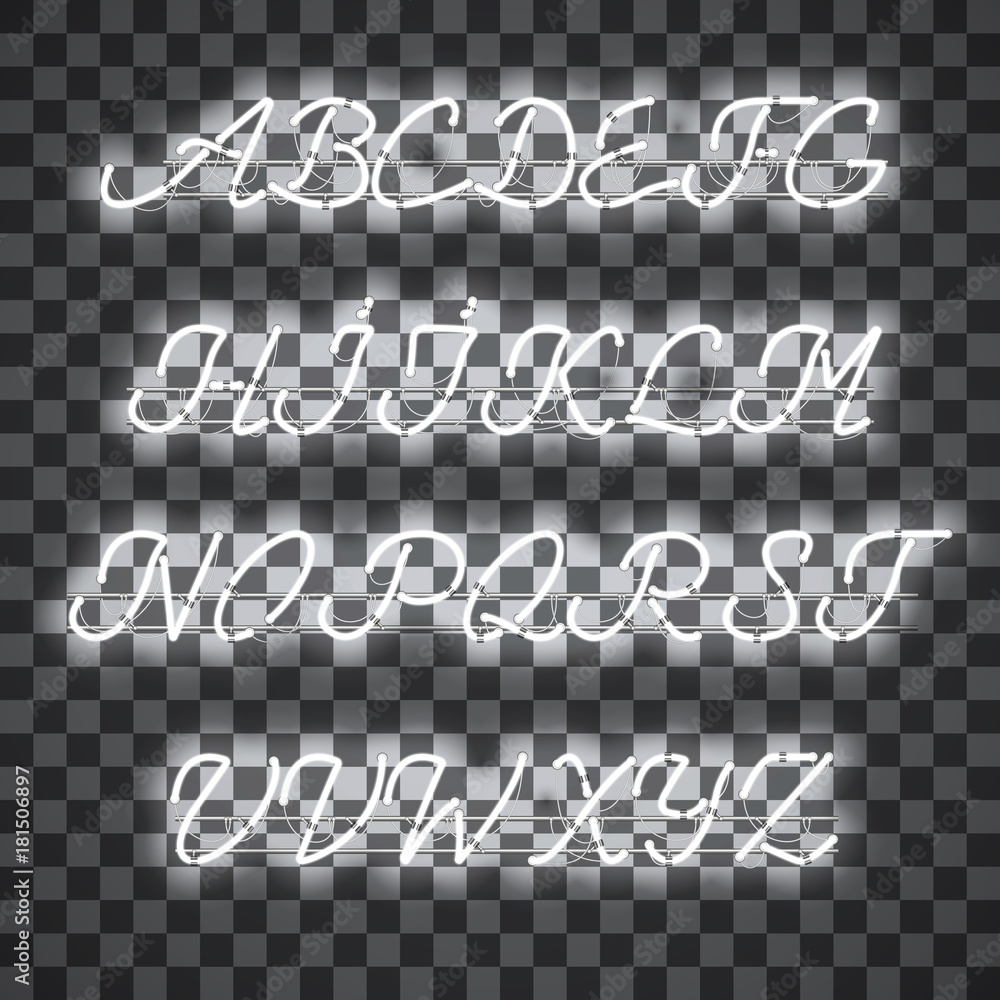 Glowing White Neon Script Font with uppercase letters from A to Z with ...