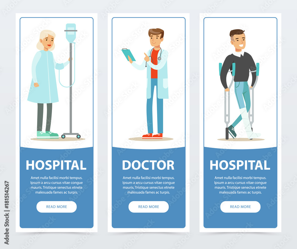 Hospital and doctor banners set, medical examination and treatment flat ...