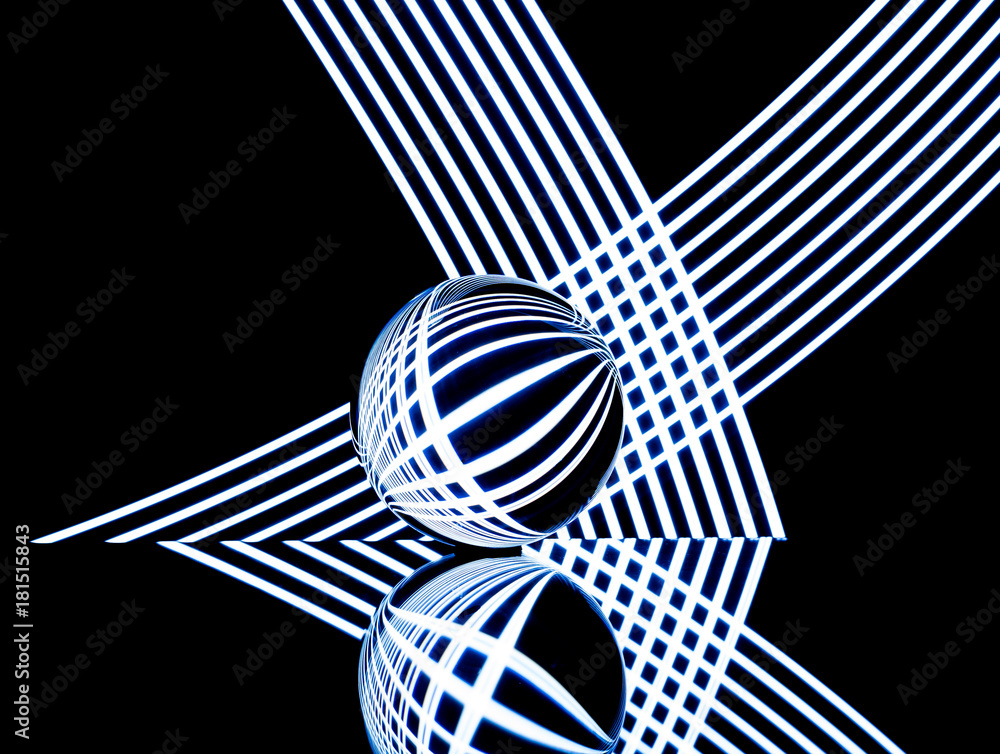 Glass ball with white light streaks reflecting and refracting light ...