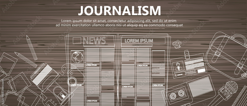Journalism flat banner. Equipment for journalist on desk. Flat vector ...