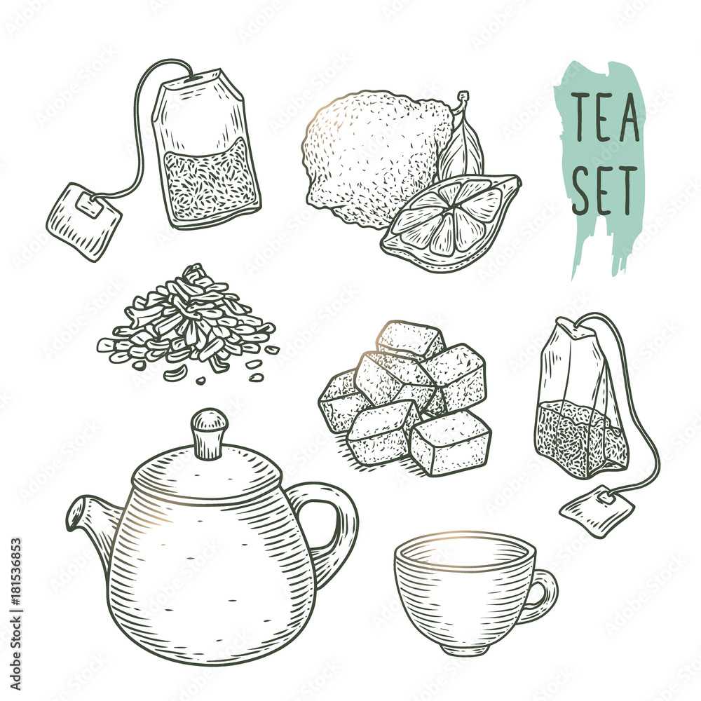 Sketch of tea elements include teapot, teabags, cup, sugar, bergamot ...