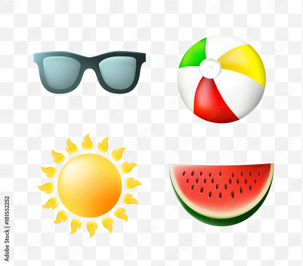 Set of Cute Summer Icons on Transparent Background . Isolated Vector ...