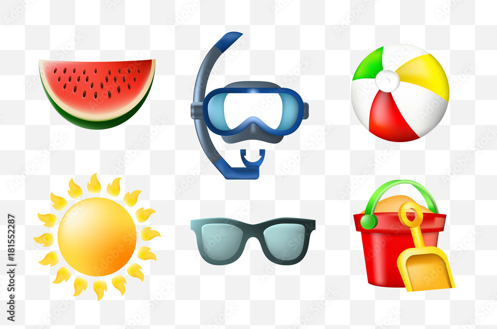 Set of Cute Summer Icons on Transparent Background . Isolated Vector ...