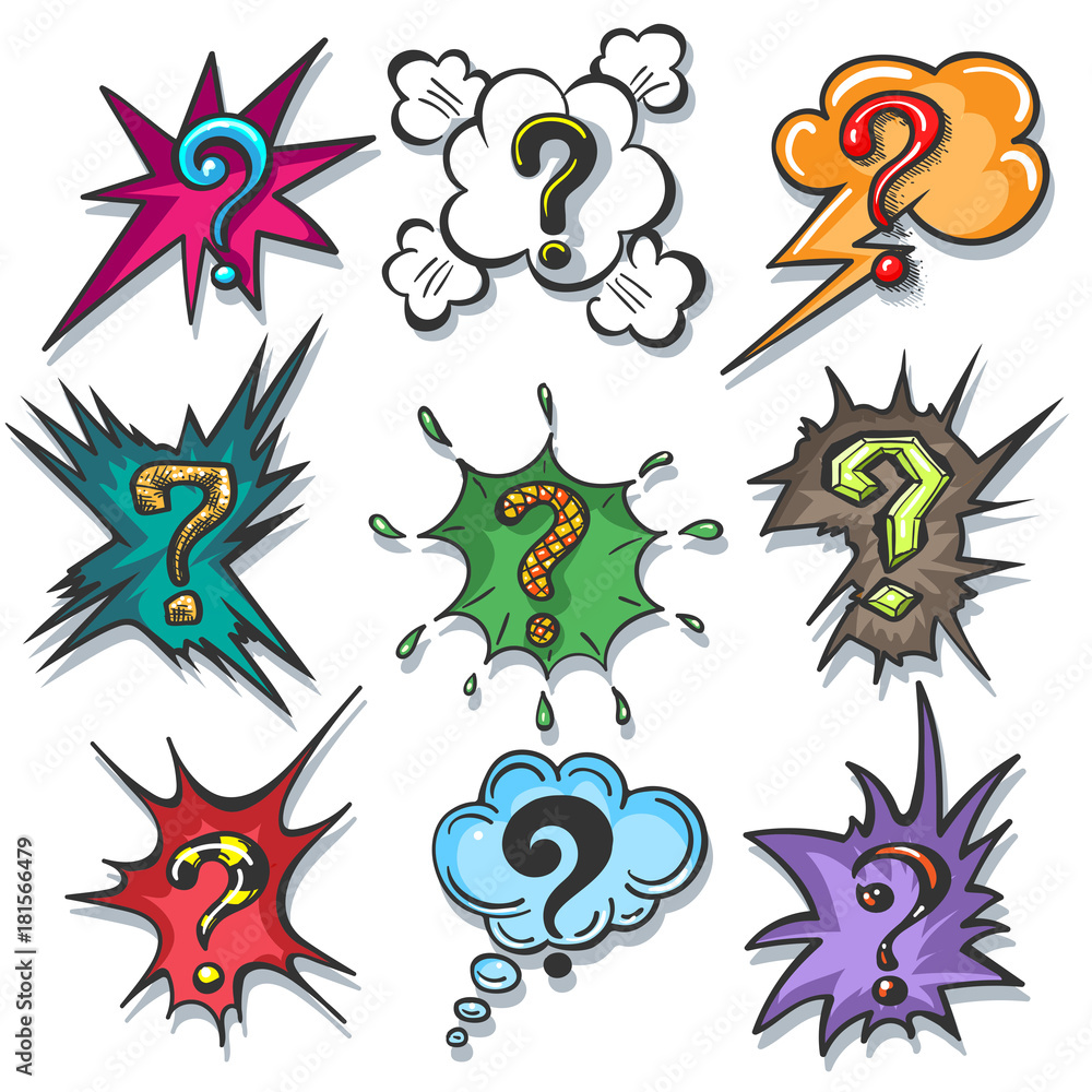 Pop art speech bubble question marks. Cartoon questions box set ...