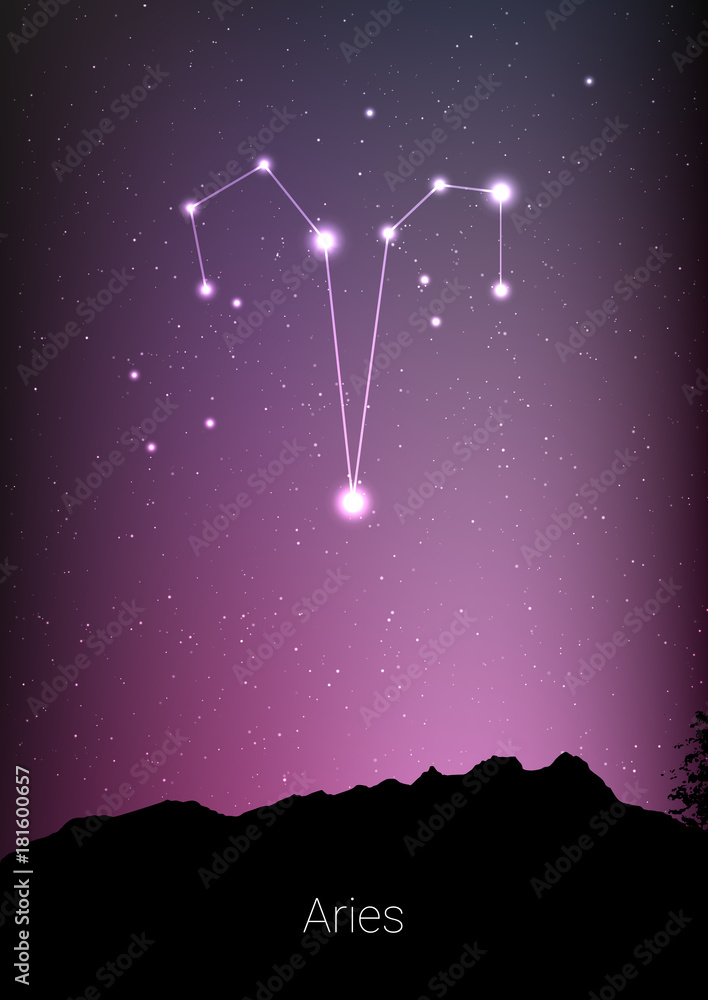 Aries zodiac constellations sign with forest landscape silhouette on ...