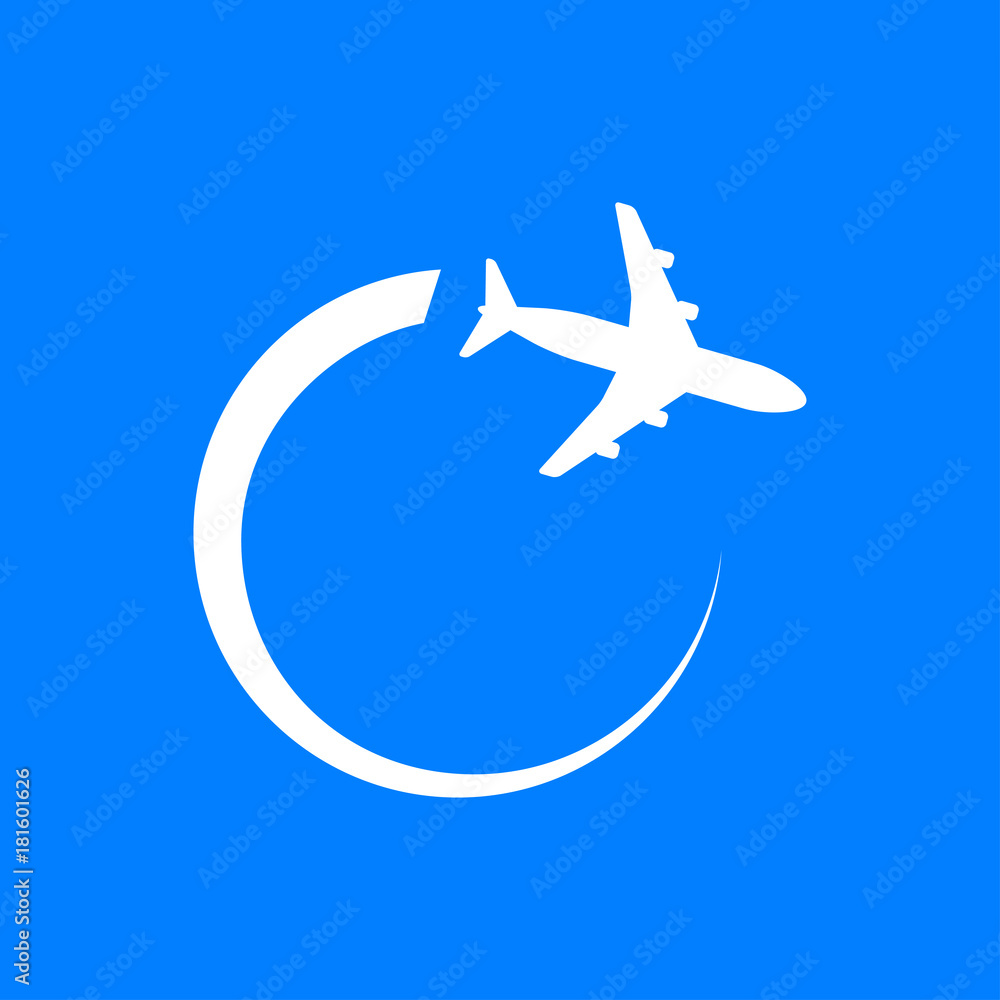 Icono plano avion girando blanco en fondo azul Stock Vector | Adobe Stock