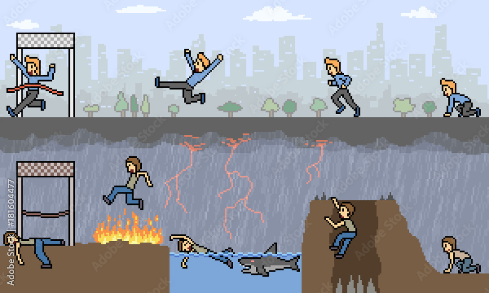 vector pixel art run through obstacle Stock Vector | Adobe Stock