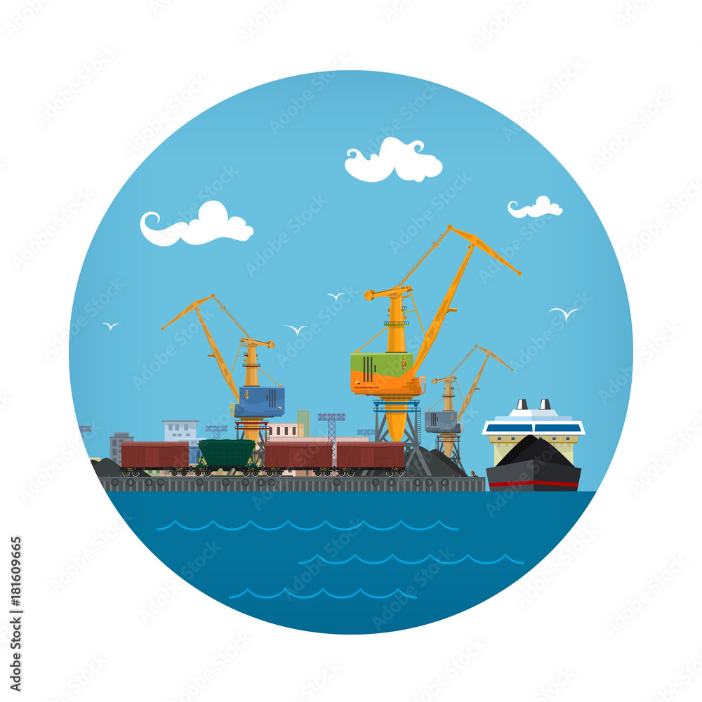 Seaport Icon, Unloading Coal or Ore from the Dry Cargo Ship, Logistic ...