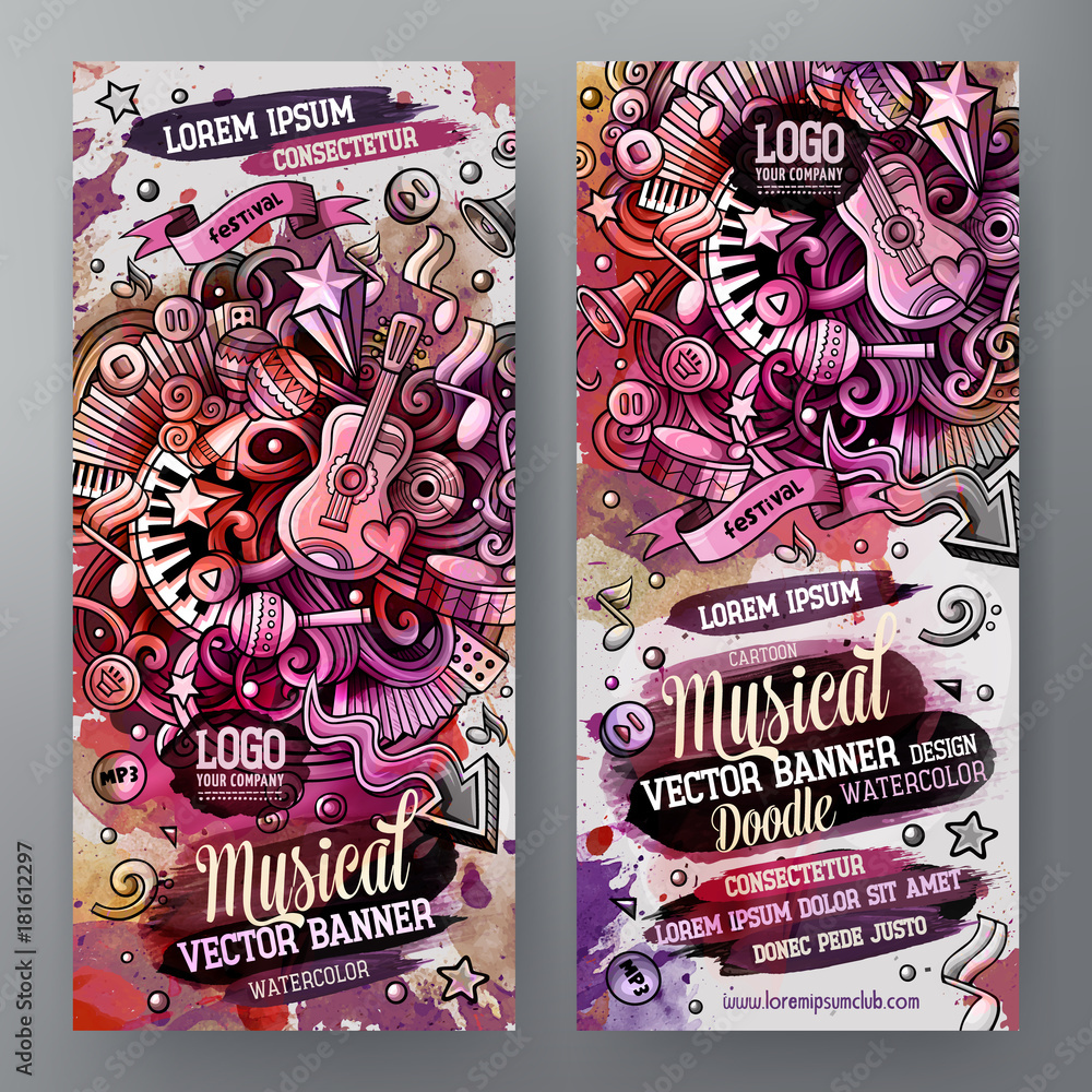 Cartoon hand drawn watercolor doodles Music banners design template ...