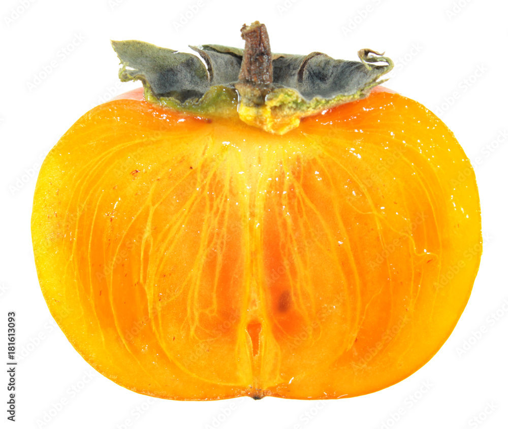 Persimmon fruit cut in half inside longitudinal section isolated on ...