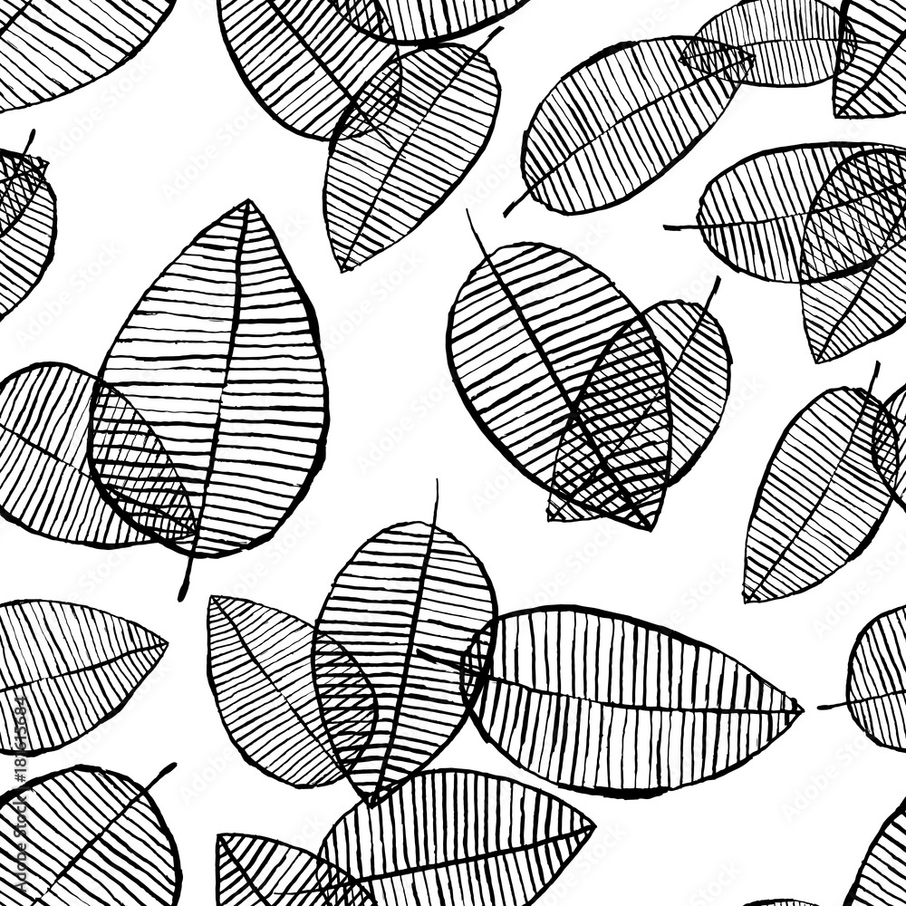 Vector seamless outline leaves pattern. Black and white background made ...