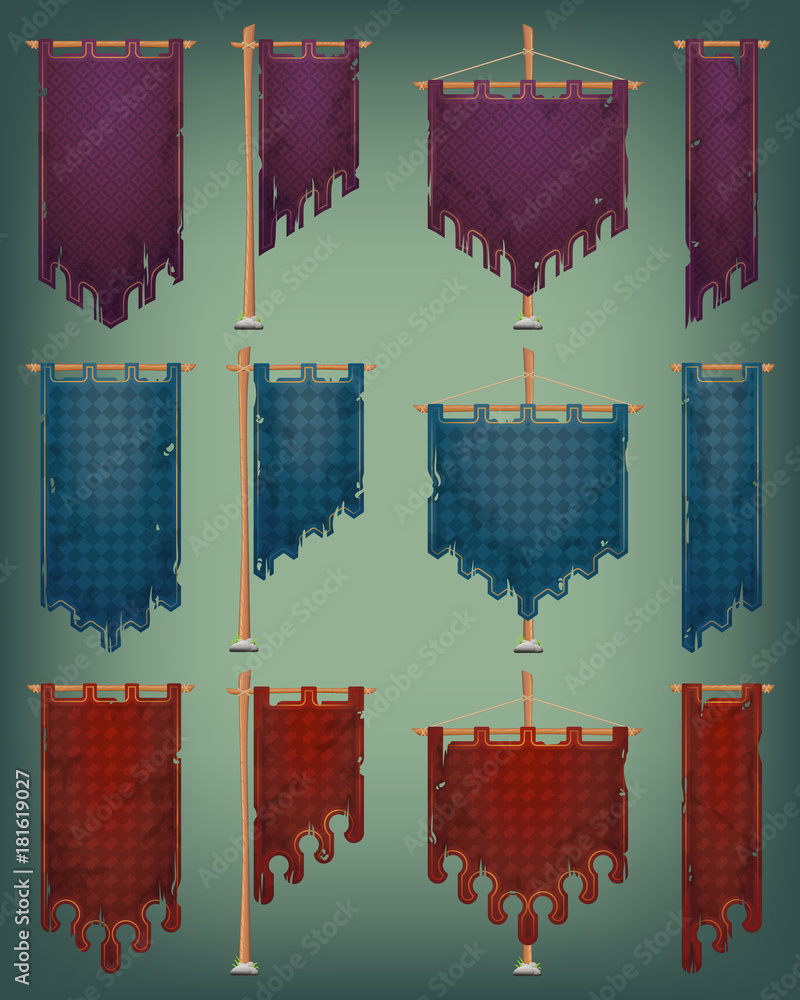 Set of aged medieval banners with wooden poles. Eps10 vector. Stock ...