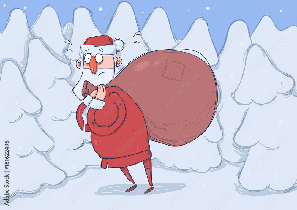 Funny confused Santa Claus with big bag of gifts in snowy spruce forest ...