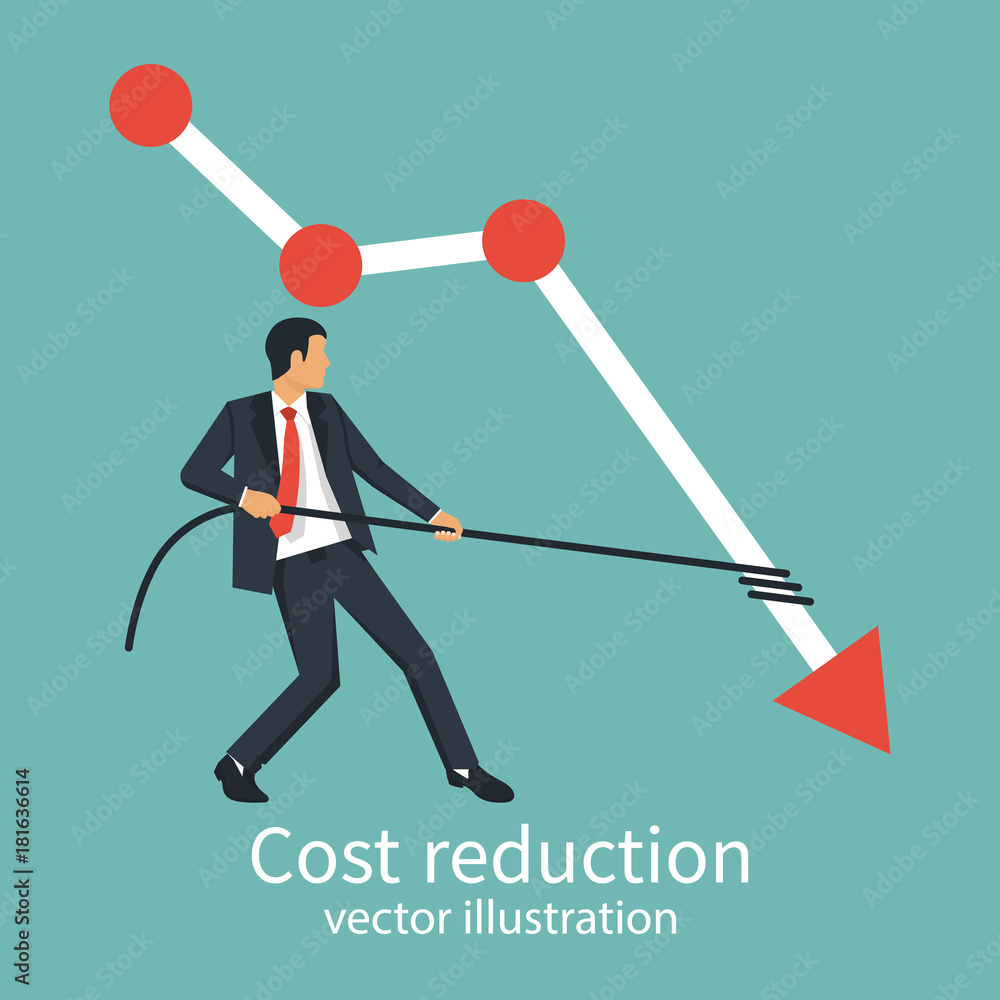 Cost reduction concept. Businessman pulls rope dropping arrow down ...