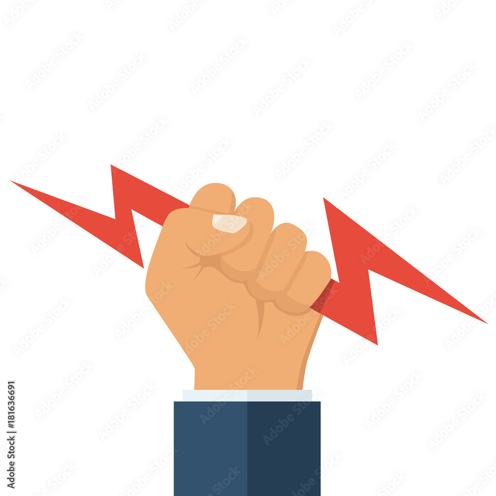 Lightning holding in hand. Vector illustration flat design. Isolated on ...