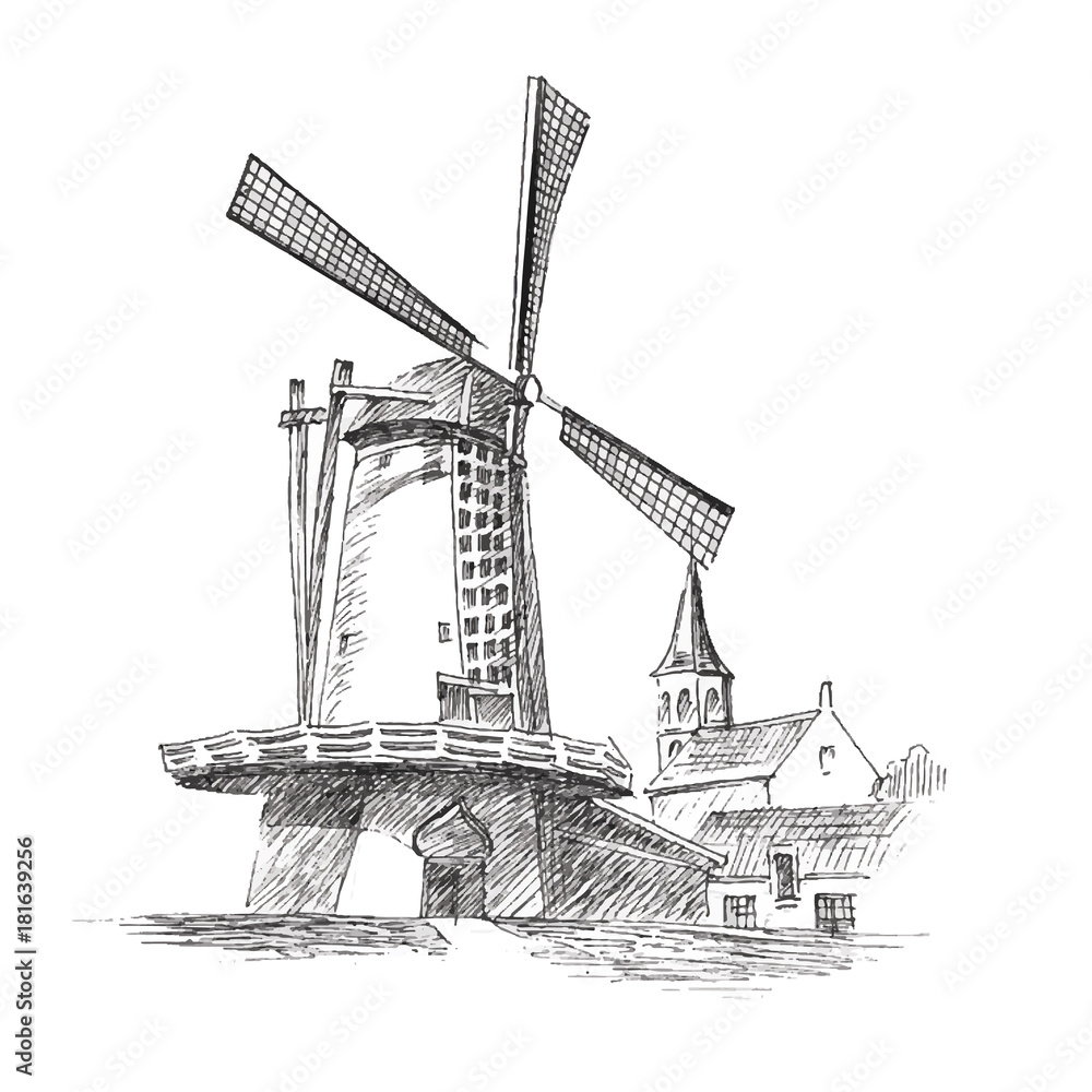 Vector graphic illustration of a mill with houses Stock Vector | Adobe ...