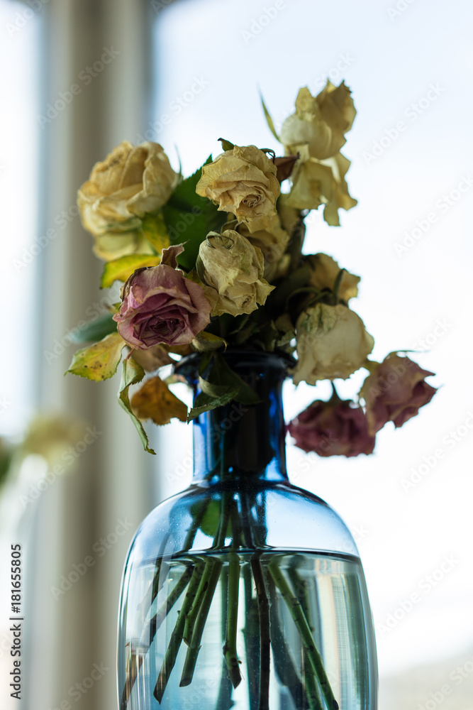 Bouquet of withered roses in glass vase Stock Photo | Adobe Stock