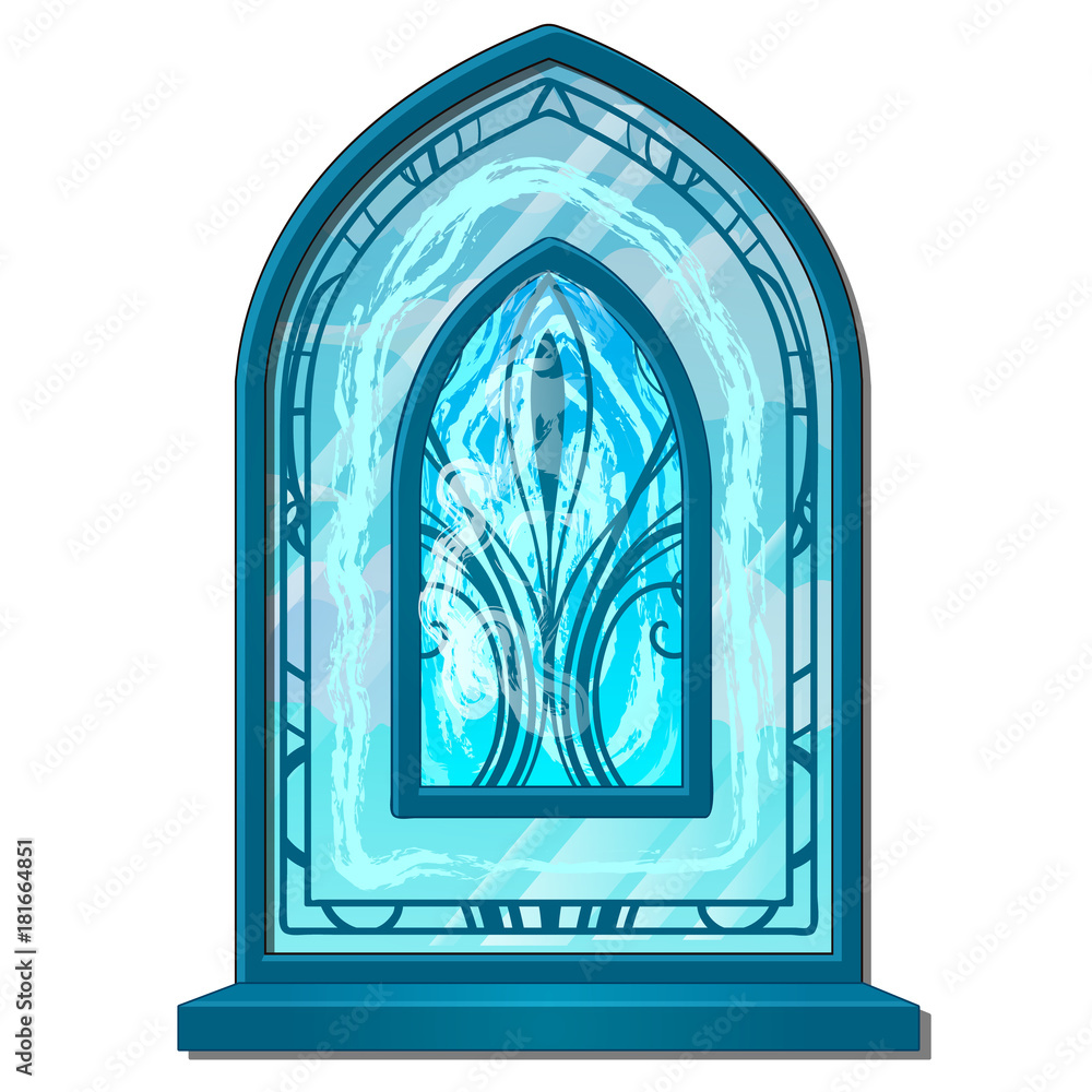 Window of ice in old style with ornament. Stained glass frosted ...