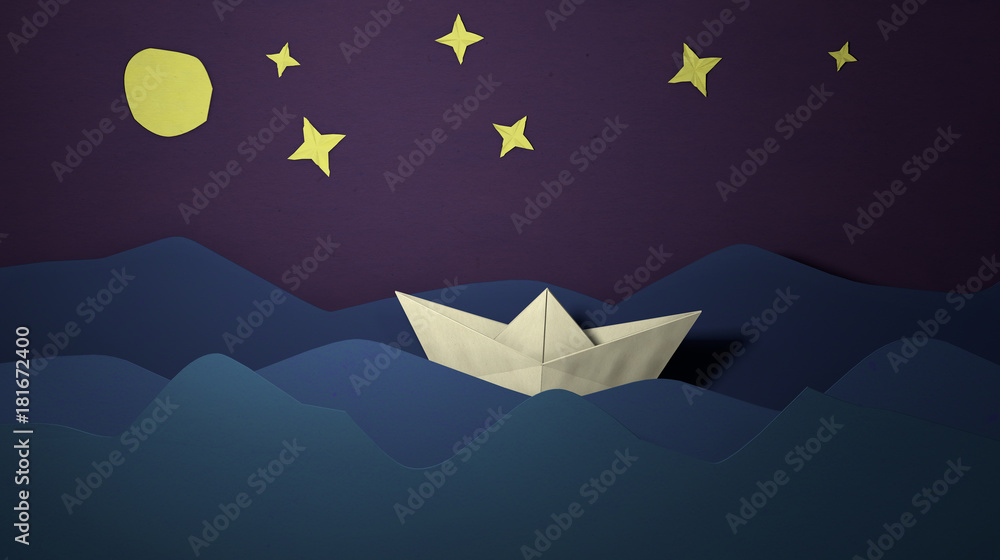 Papercut sailing boat postcard. Paper craft boat in the sea waves ...
