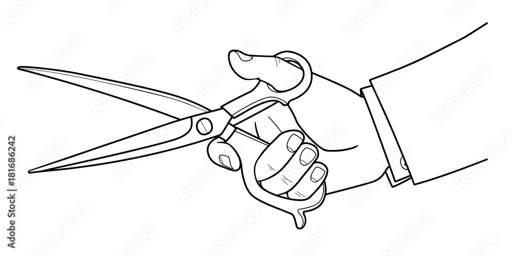 A man's hand holds a torn scissors. Linear vector drawing. Isolated on ...