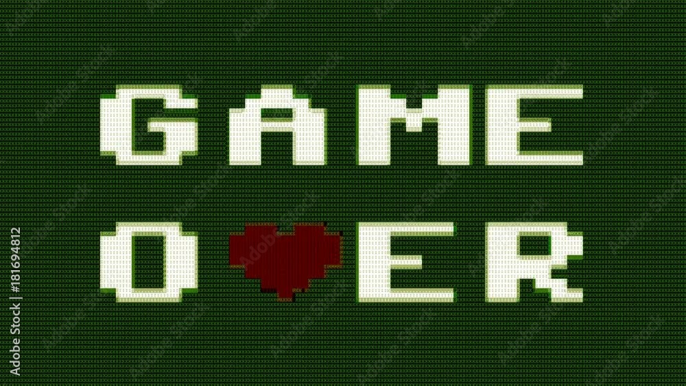 A Game Over text message appearing on a computer screen, a red heart ...
