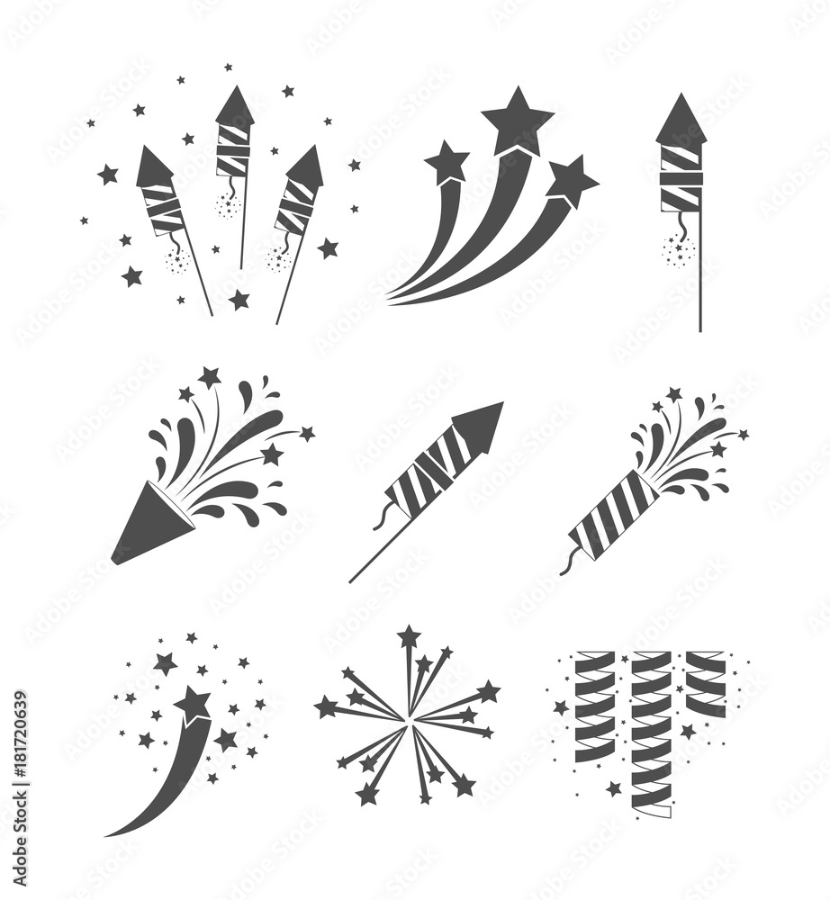 rockets and fireworks bursting set in grayscale silhouette over white ...